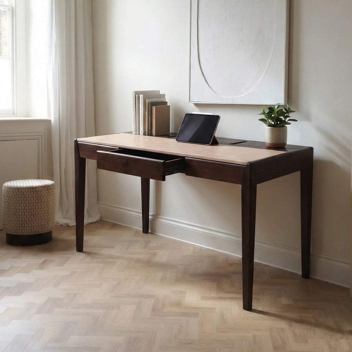 Joey Walnut Wood Desk – White Leatherite